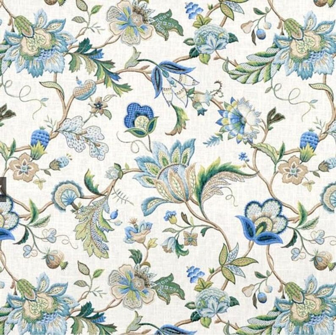 P. Kaufmann Brissac Sapphire Fleur De Leaf Linen Ivory Navy Green Teal ...