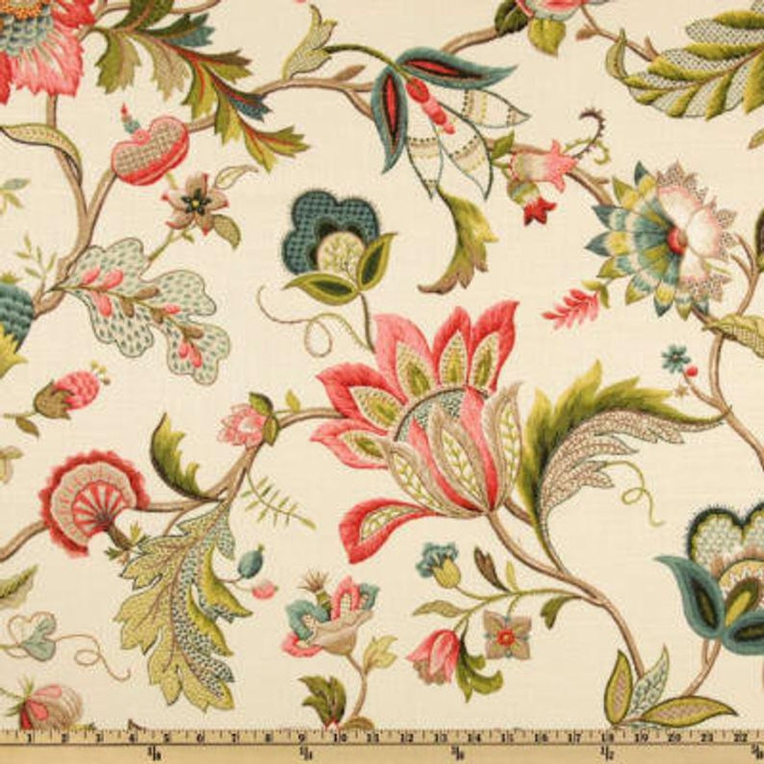 P. Kaufmann Brissac Jewel Fleur De Leaf Linen Pink Green Teal Floral ...