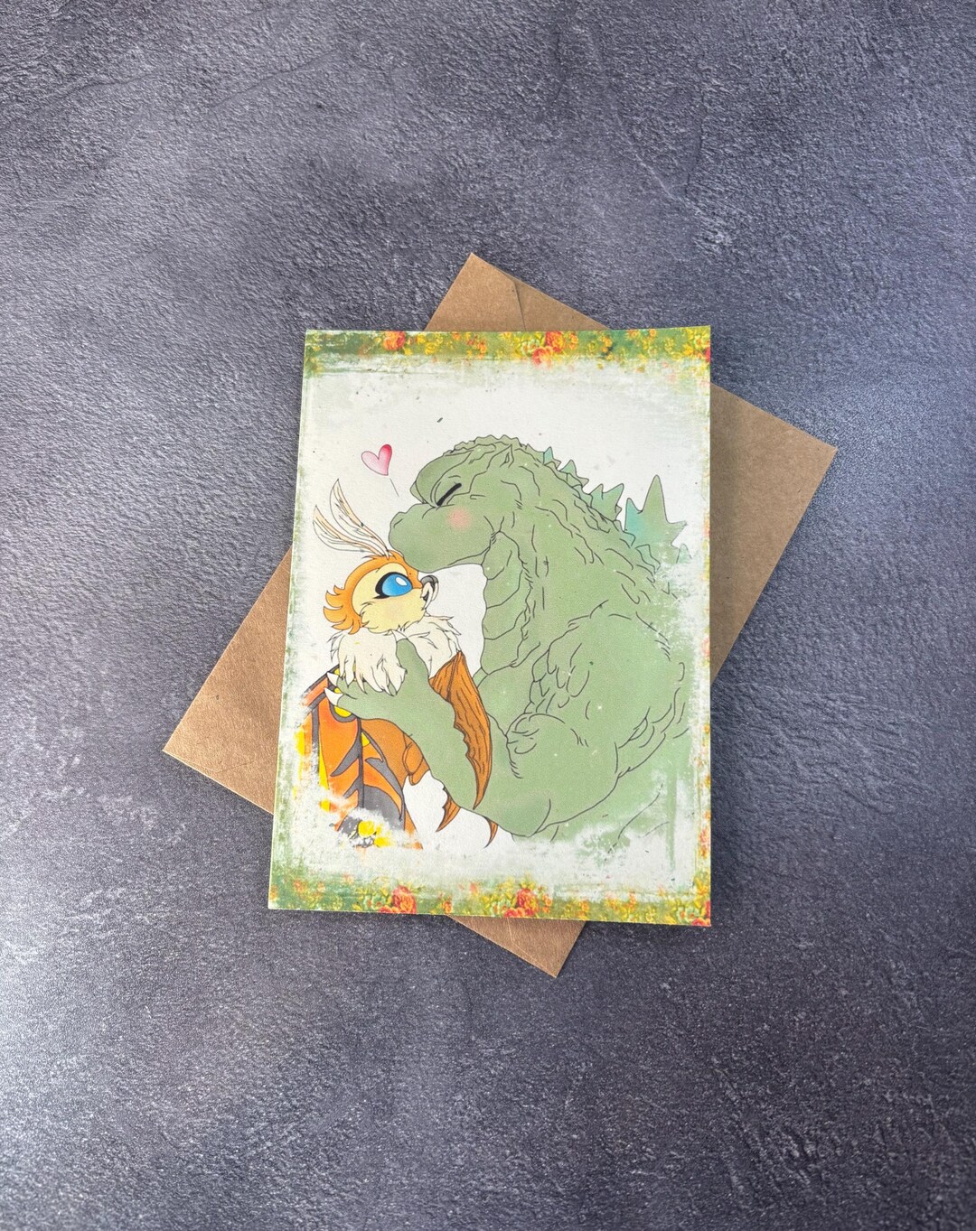 Flower Frame Monster Love / Handmade Greeting Card/ Godzilla and Mothra ...