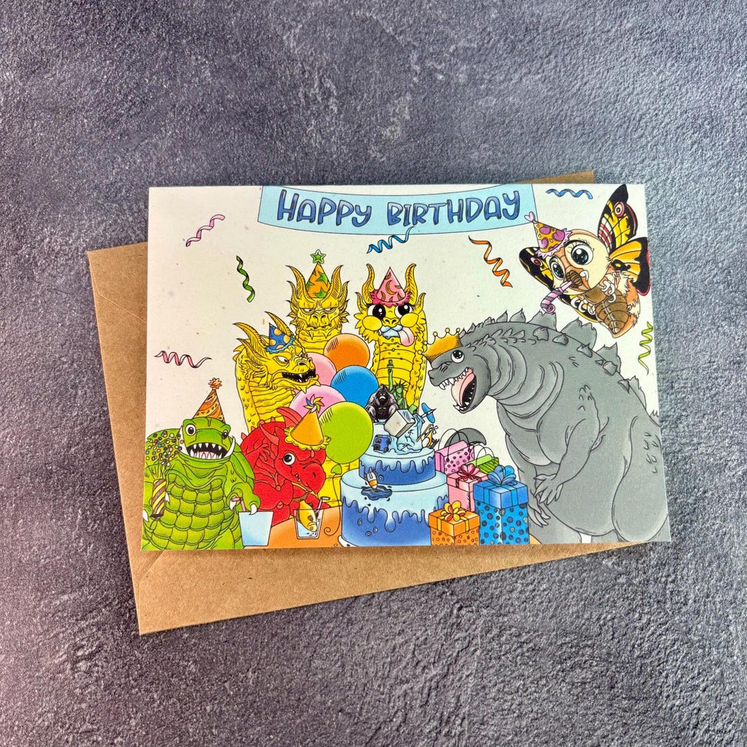 Godzilla Smashing Birthday Party / Handmade Greeting Card/ Classic ...