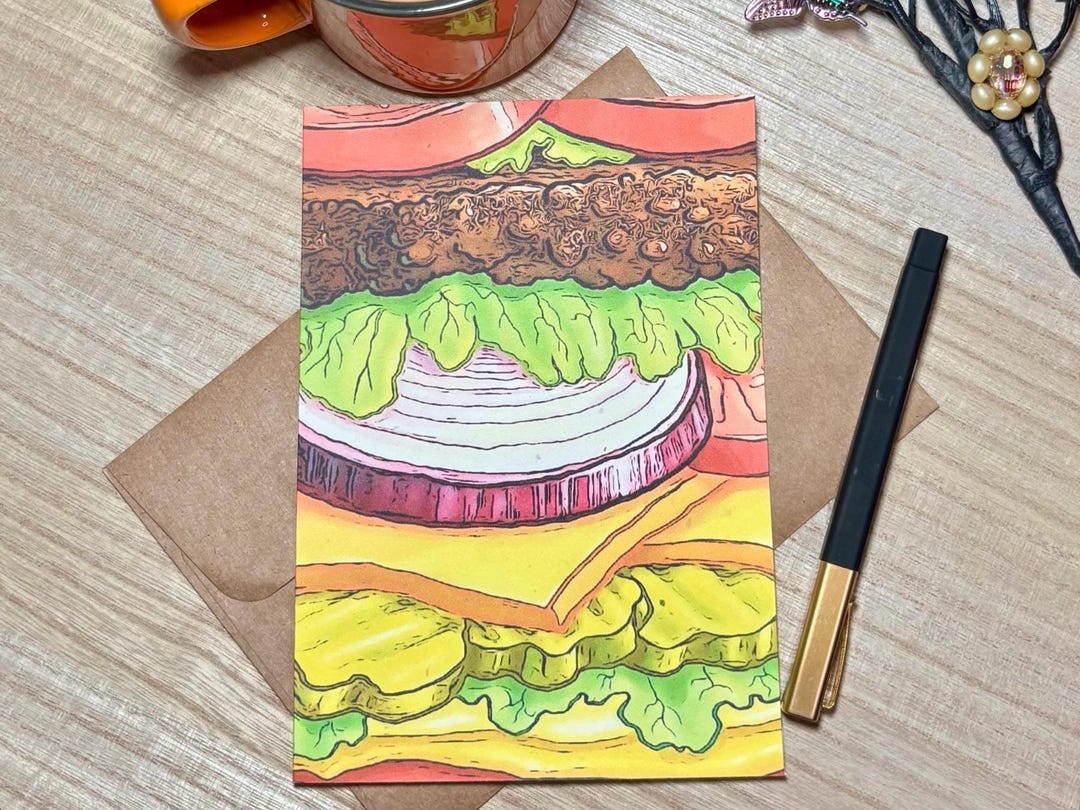 Juicy Hamburger With the Works: Handmade Greeting Card Funny Foodie - Etsy