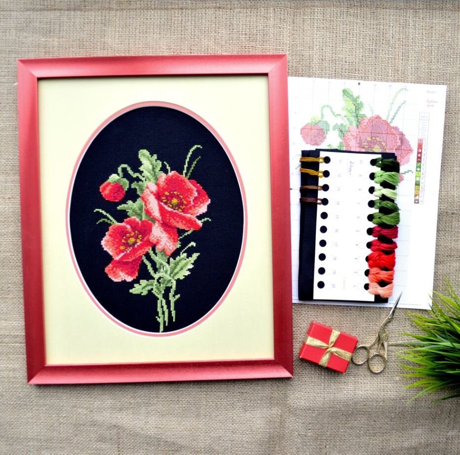 Red poppies bouquet cross stitch kit Poppy embroidery kit for | Etsy