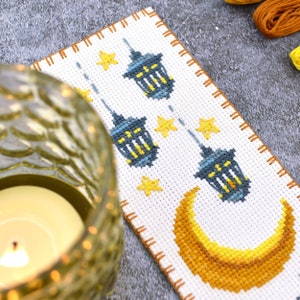 Ramadan Mubarak Cross Stitch Bookmark Pattern in PDF Moon and Lanterns ...
