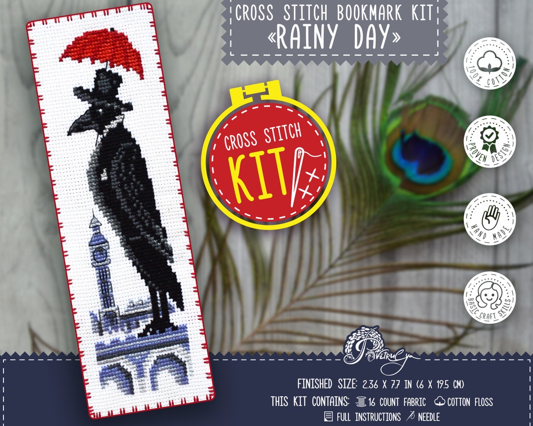 Black Crow Cross Stitch Kit 'rainy Day' Do It Yourself Raven Embroidery ...