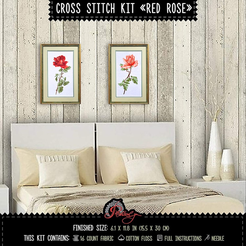 Red Rose Cross Stitch Kit Flower Embroidery Craft Kit for - Etsy