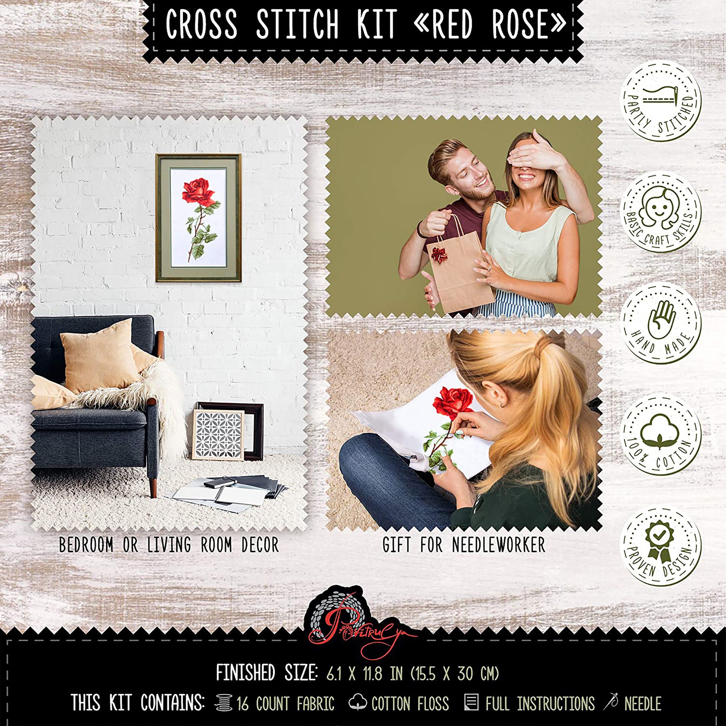 Red Rose Cross Stitch Kit Flower Embroidery Craft Kit for - Etsy