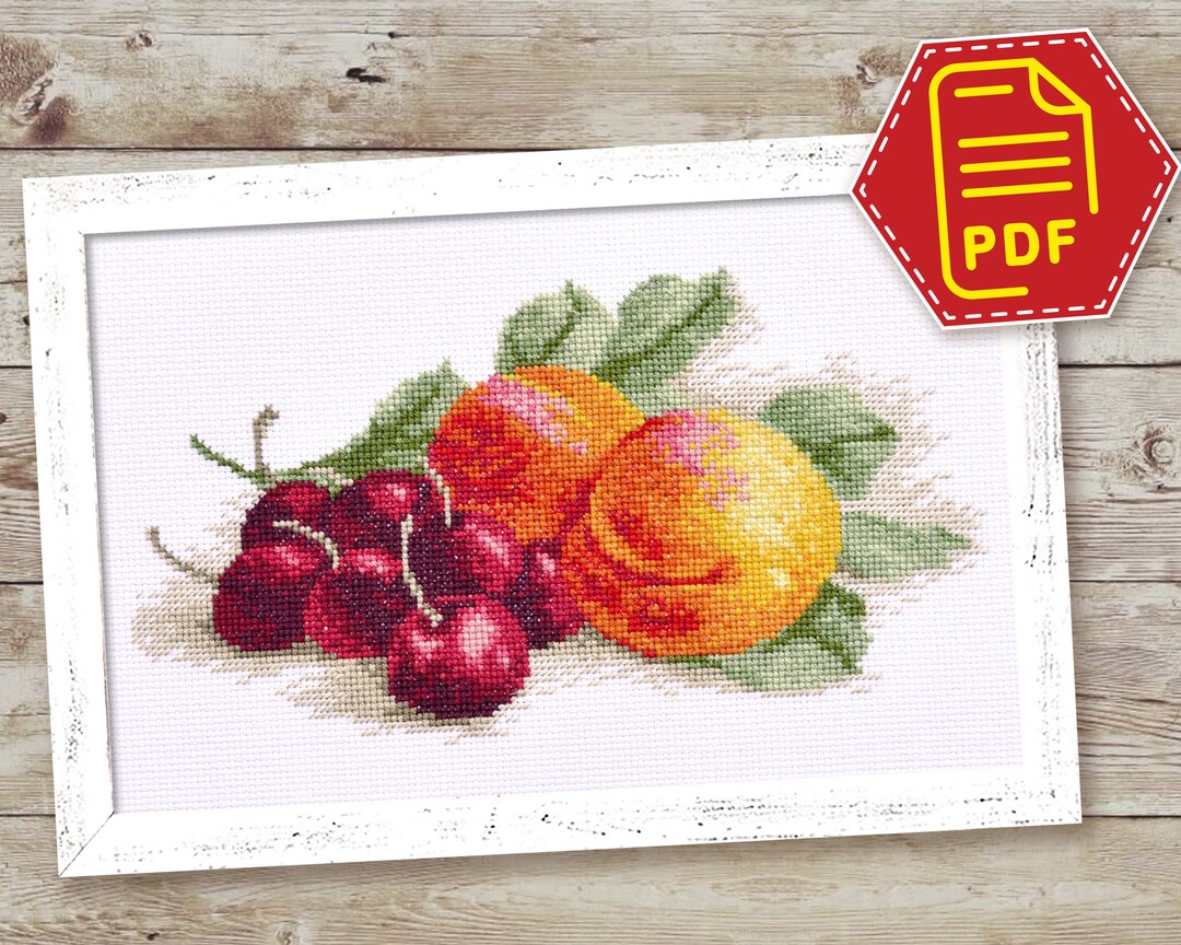 Fruit Cross Stitch Cherry and Peach Pattern, Modern Embroidery Design ...
