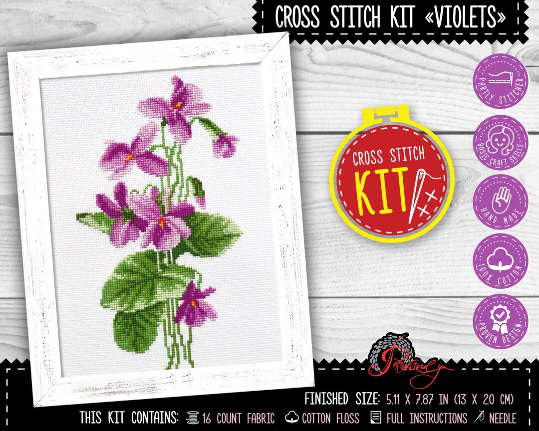 Lilac Violets Cross Stitch Kit, Spring Flowers Beginner Embroidery Kit ...
