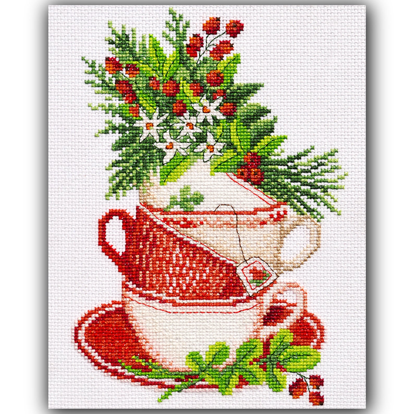 Tea Cups and Red Berries Cross Stitch Counted Pattern DIY - Etsy