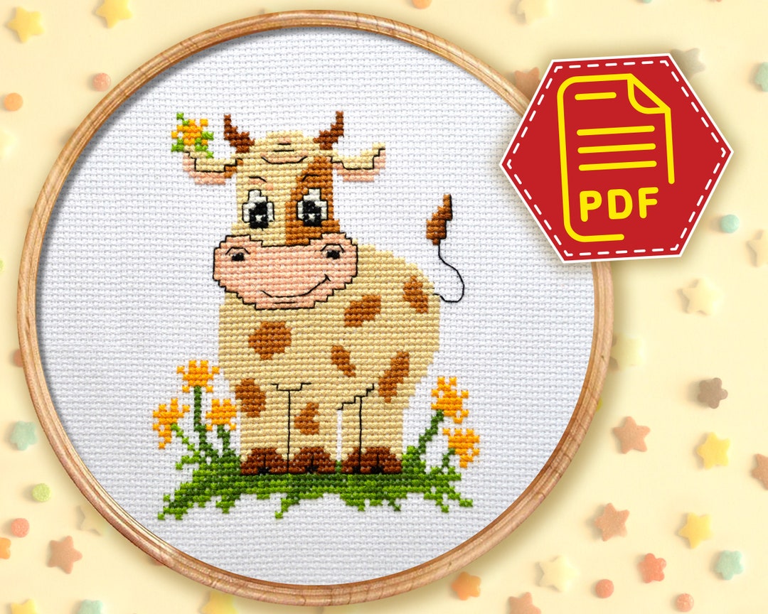 Cute Cow Cross Stitch Counted Pattern - Baby Animal Embroidery Design ...