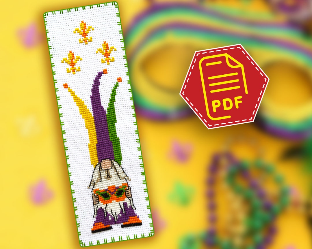 Mardi Gras Gnome Bookmark Cross Stitch Counted Pattern Download in PDF ...