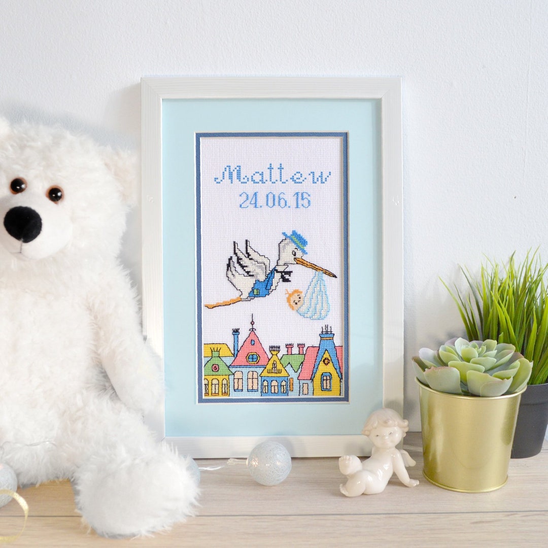 Personalized Baby Boy Cross Stitch Pattern Stork Announcement PDF ...