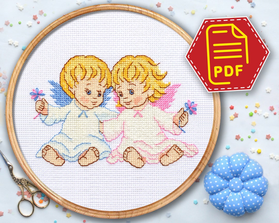 Twin Angel Babies Cross Stitch Counted Pattern - Cute Boy and Girl ...