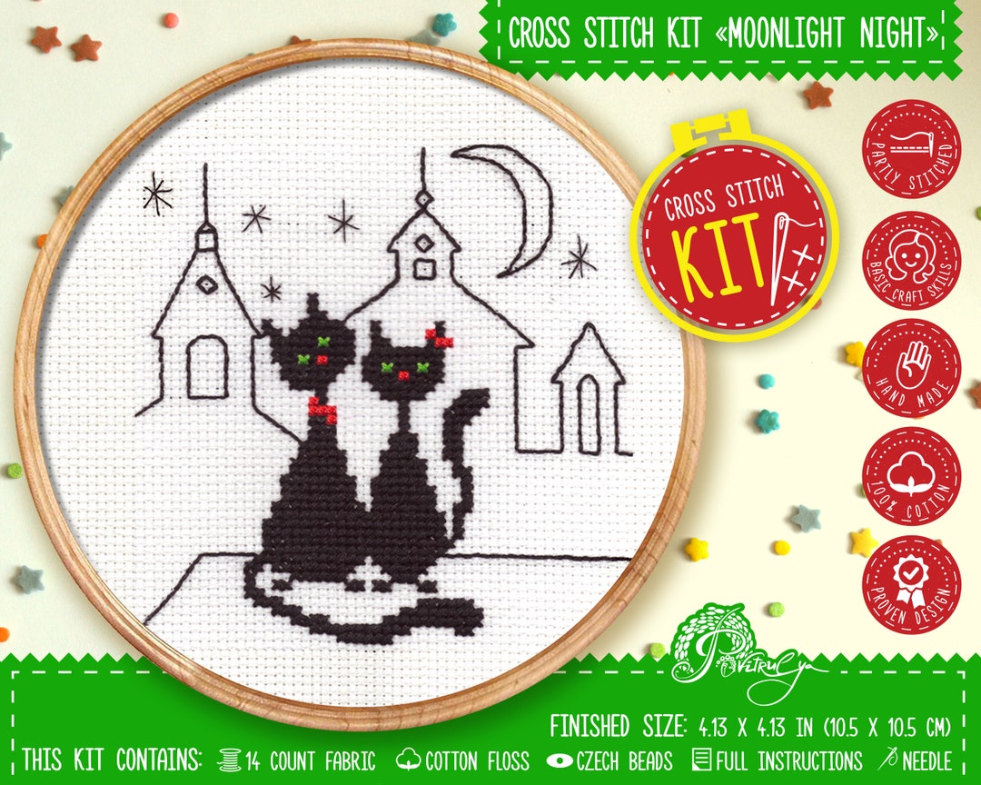 Black Cats Cross Stitch Kit, Beginners Embroidery for Kids "moonlight Night" Counted Pattern ...