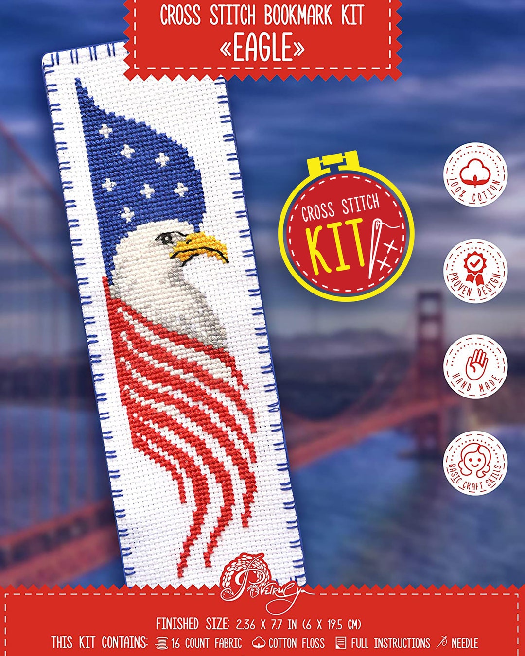 Cross Stitch Kit 'bald Eagle', Eagle Bookmark, Eagle Embroidery Kit With Easy Counted Pattern ...