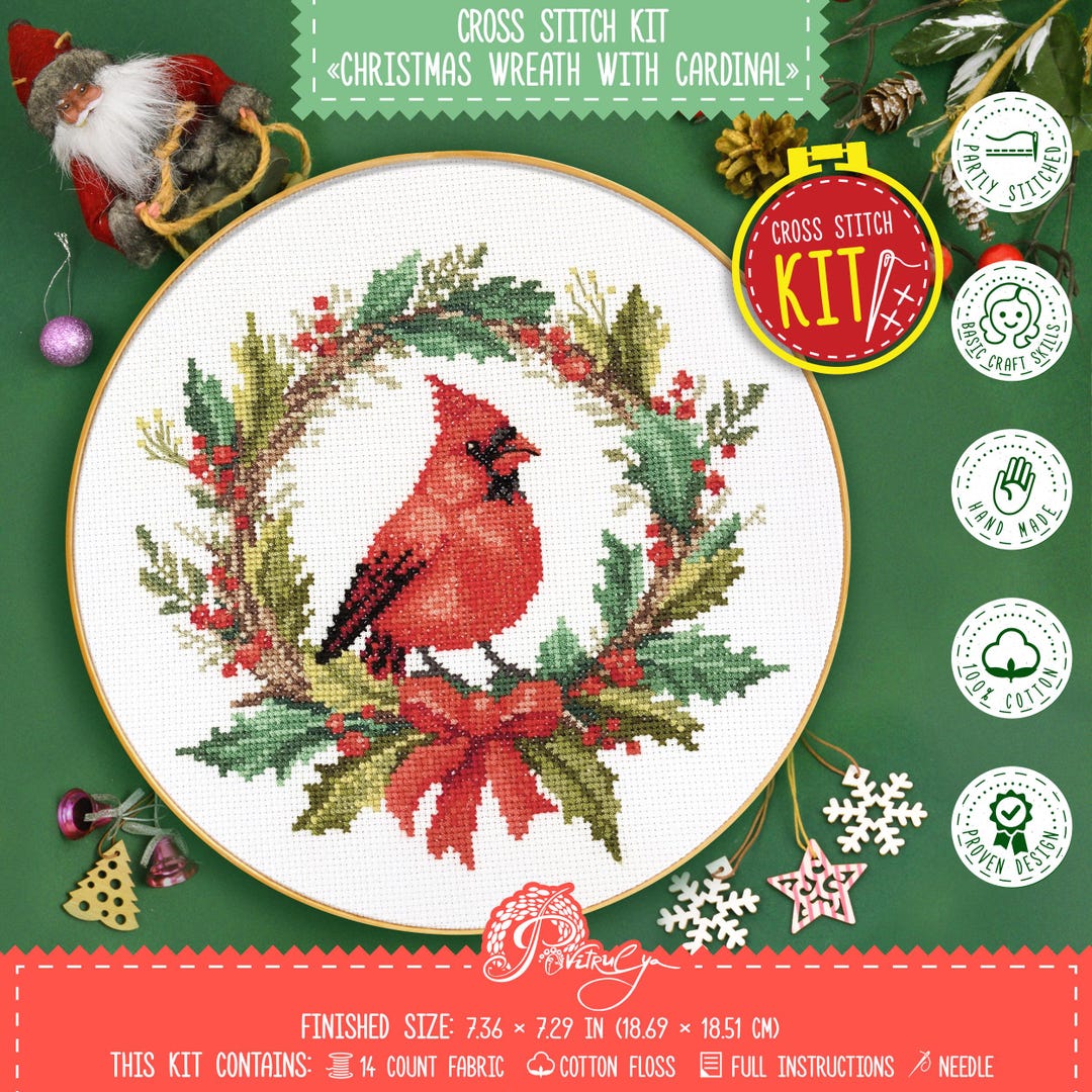 Christmas Wreath With Cardinal Cross Stitch Kit, Winter Holidays ...
