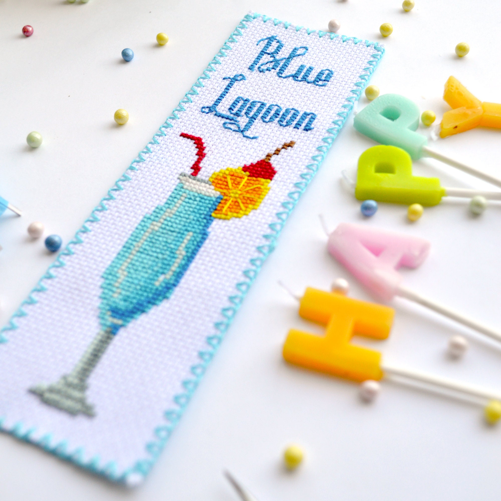 Summer Cross Stitch Cocktail Pattern for Bookmark blue | Etsy