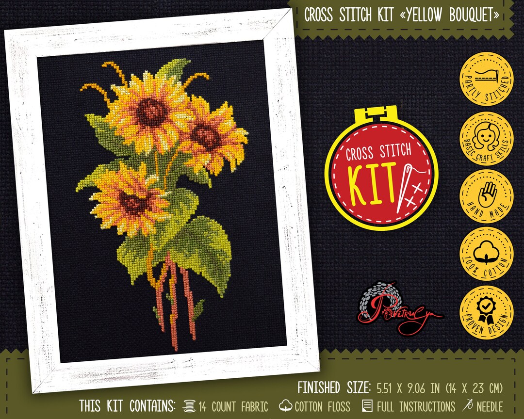 Sunflower Bouquet Cross Stitch Kit, Summer Flowers Embroidery Kit With ...