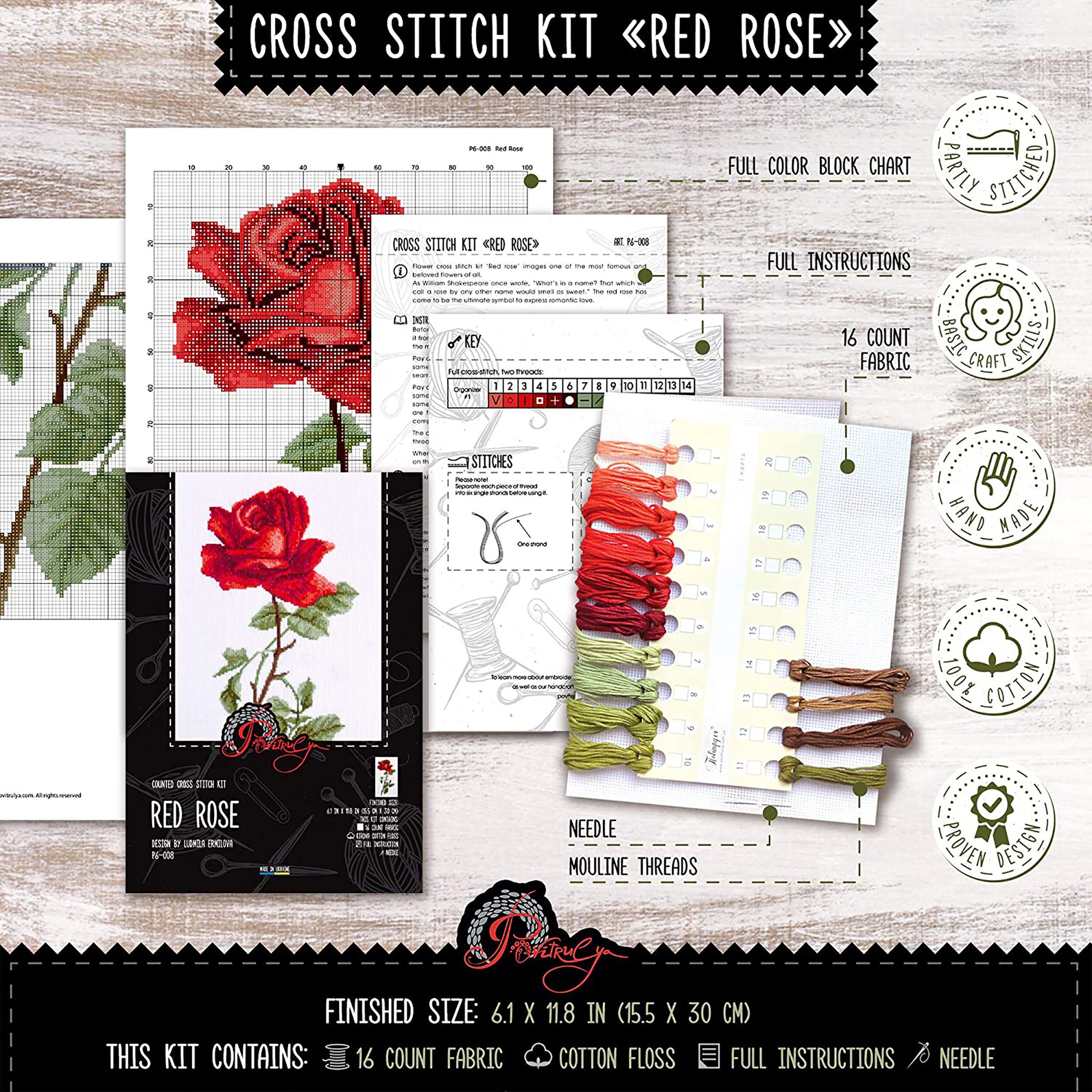 Red Rose Cross Stitch Kit Flower Embroidery Craft Kit for - Etsy