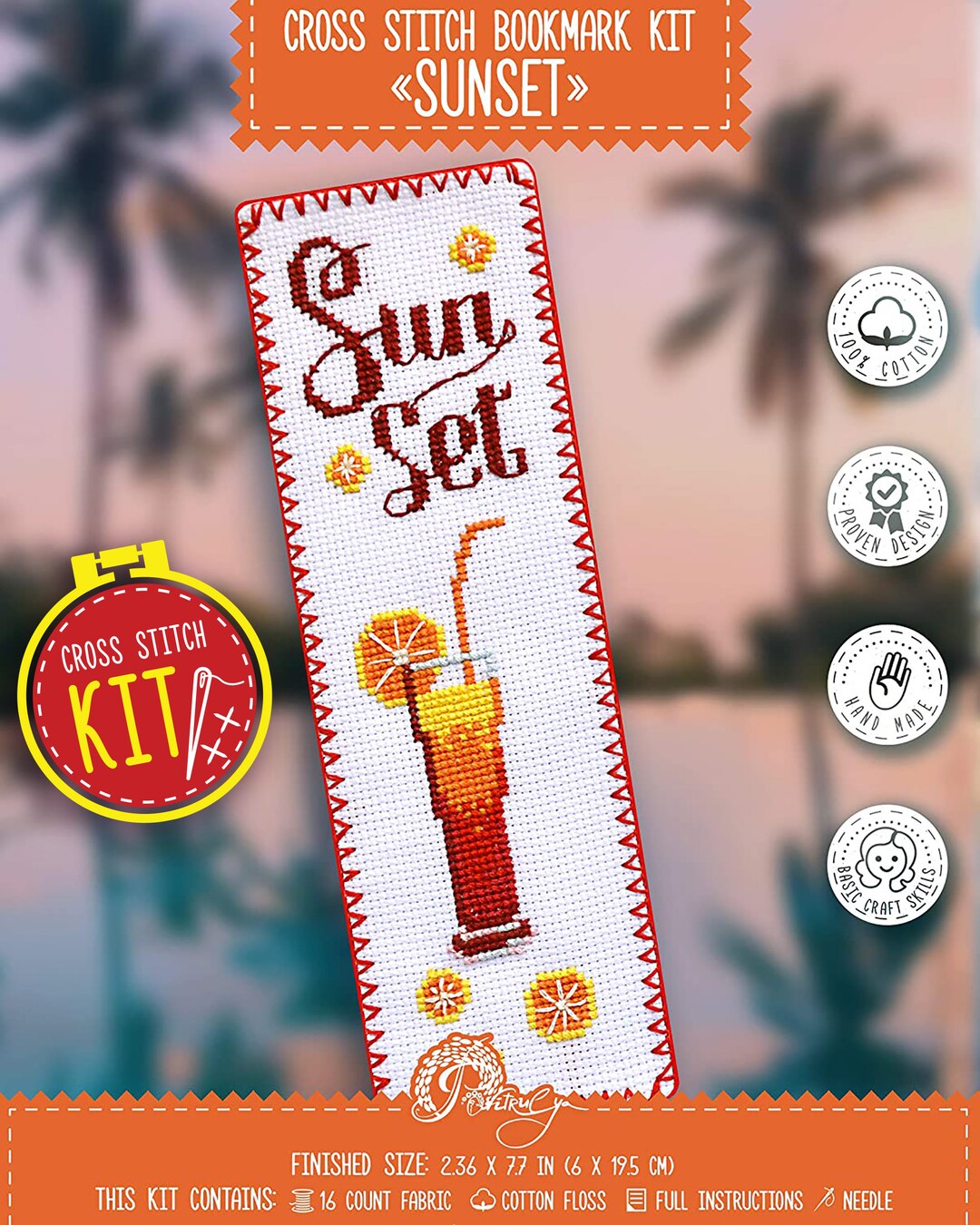 Cross Stitch Bookmark Kit ‘sunset Сocktail’, Adult Embroidery Kit With ...