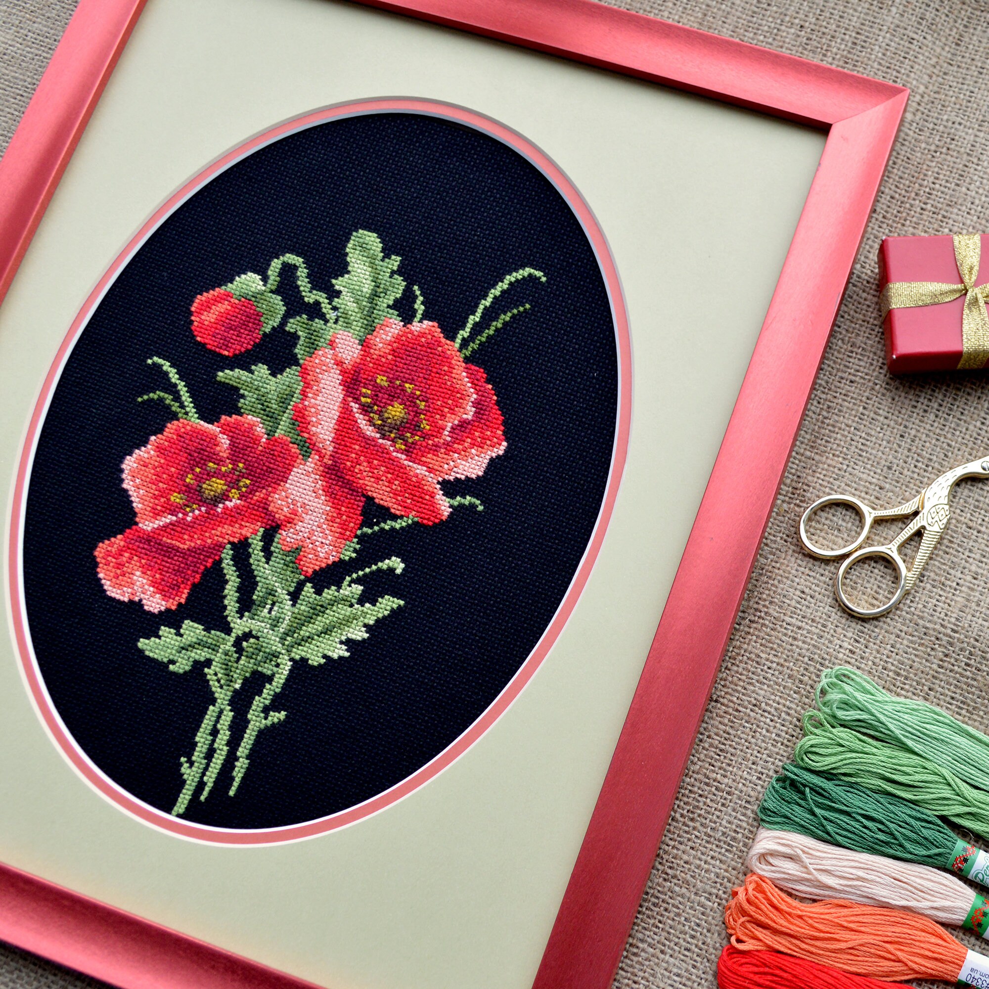 Red poppies bouquet cross stitch kit Poppy embroidery kit for | Etsy