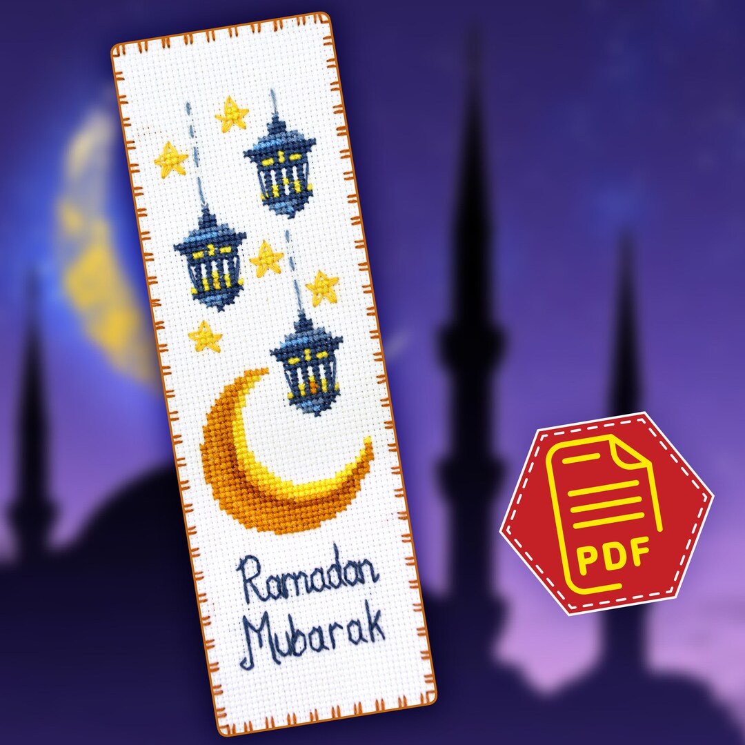 Ramadan Mubarak Cross Stitch Bookmark Pattern in PDF Moon and Lanterns ...