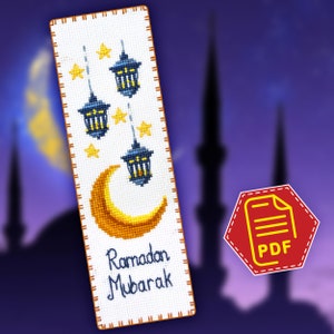 Ramadan Mubarak Cross Stitch Bookmark Pattern in PDF Moon and Lanterns ...