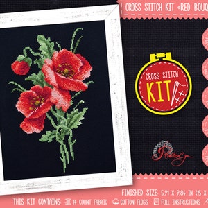 Red Poppies Bouquet Cross Stitch Kit, Poppy Embroidery Kit for ...