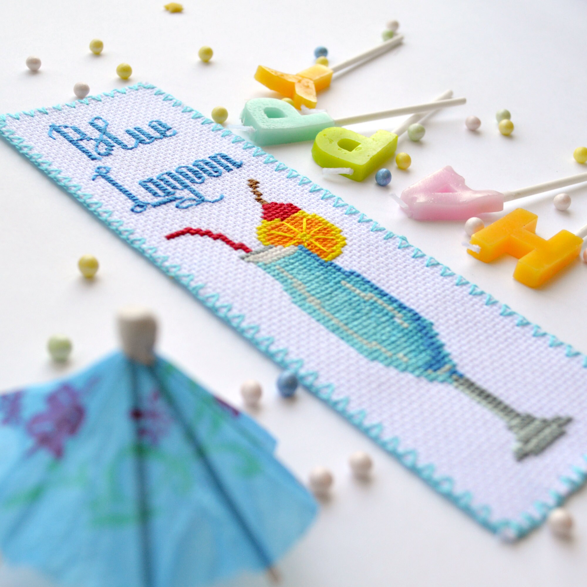 Summer Cross Stitch Cocktail Pattern for Bookmark blue | Etsy