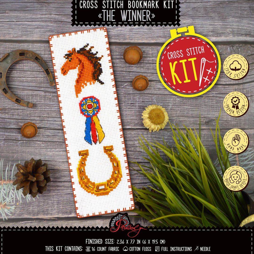 Horse Racing Cross Stitch Bookmark Kit "the Winner" Racehorse, Medal ...