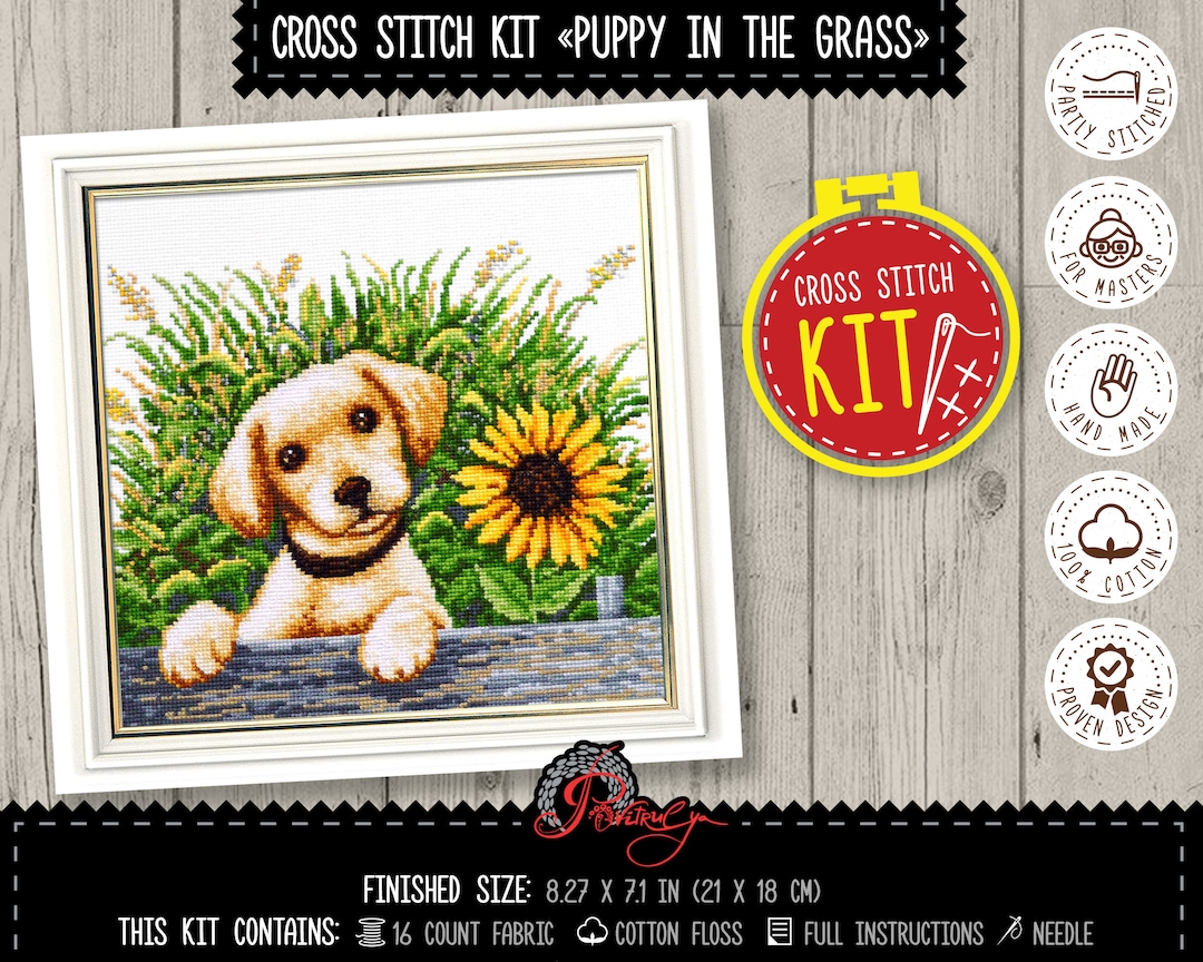 Dog Cross Stitch Kit Golden Retriever, Cute Puppy Counted Pattern ...