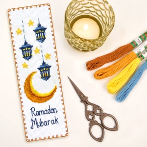 Ramadan Mubarak Cross Stitch Bookmark Pattern in PDF Moon and Lanterns ...