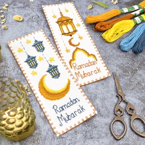 Ramadan Mubarak Cross Stitch Bookmark Pattern in PDF Moon and Lanterns ...