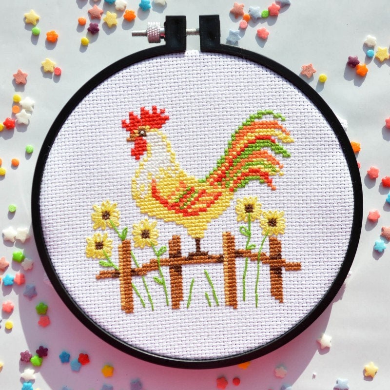 Rooster Cross Stitch Kit for Beginners Embroidery With Counted | Etsy