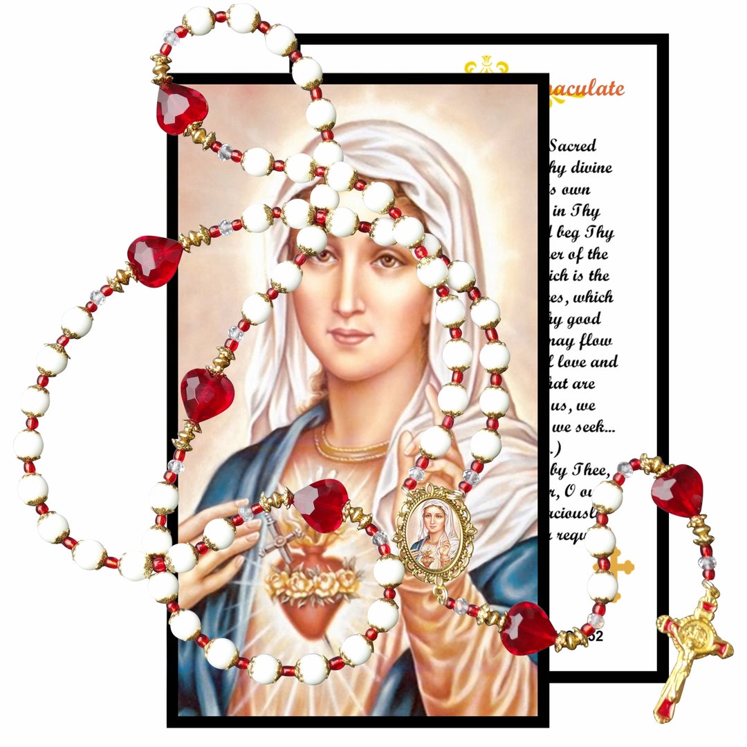 Immaculte Hearth of Mary Milk Glass 10mm Beaded Rosary Gold Plated ...