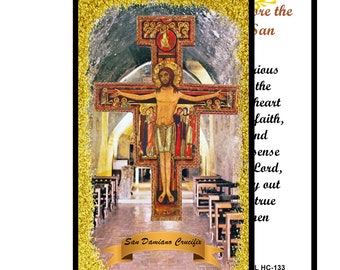 Holy Card Prayer Before A Crucifix With Illustration of Christ on the Cross Flanked by the ...
