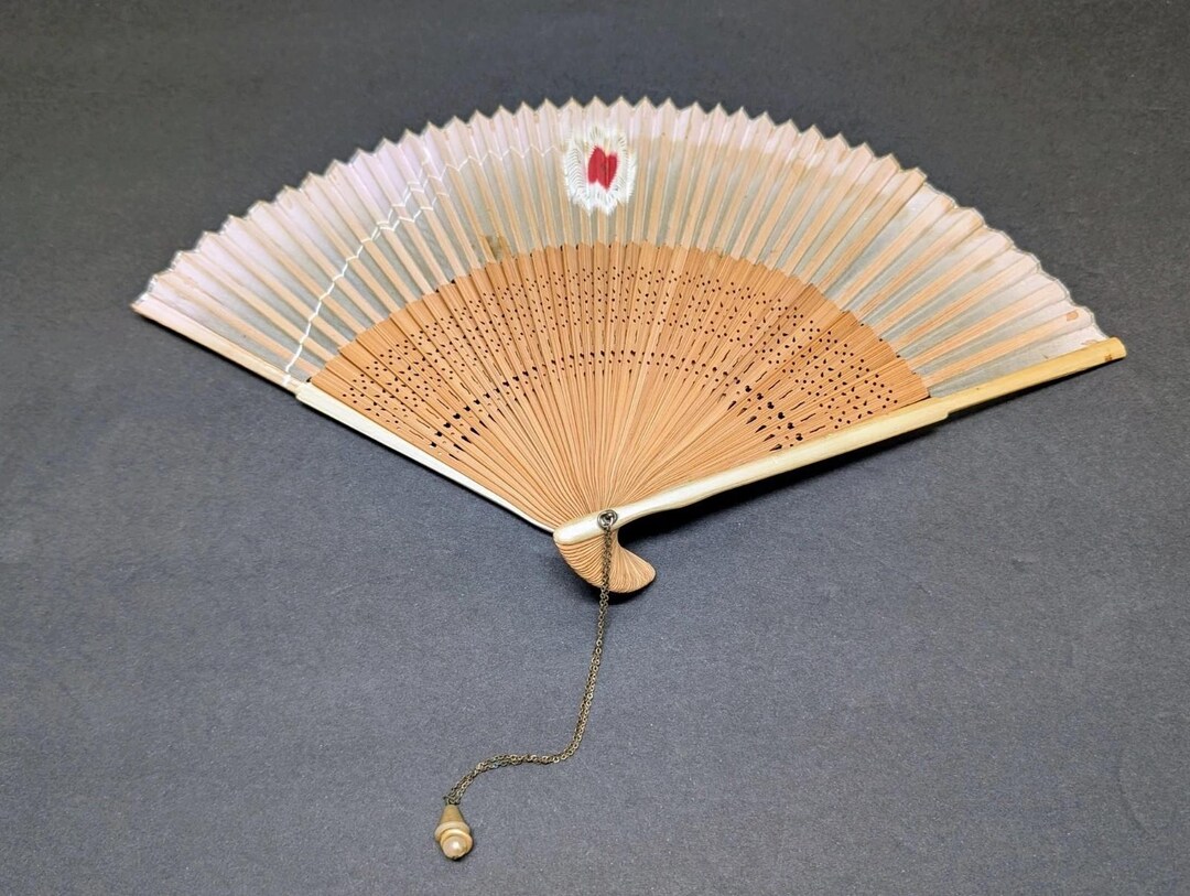 Vintage Chinese Silk Hand Fan: Floral Hand-painted Bamboo, Wrist Strap ...