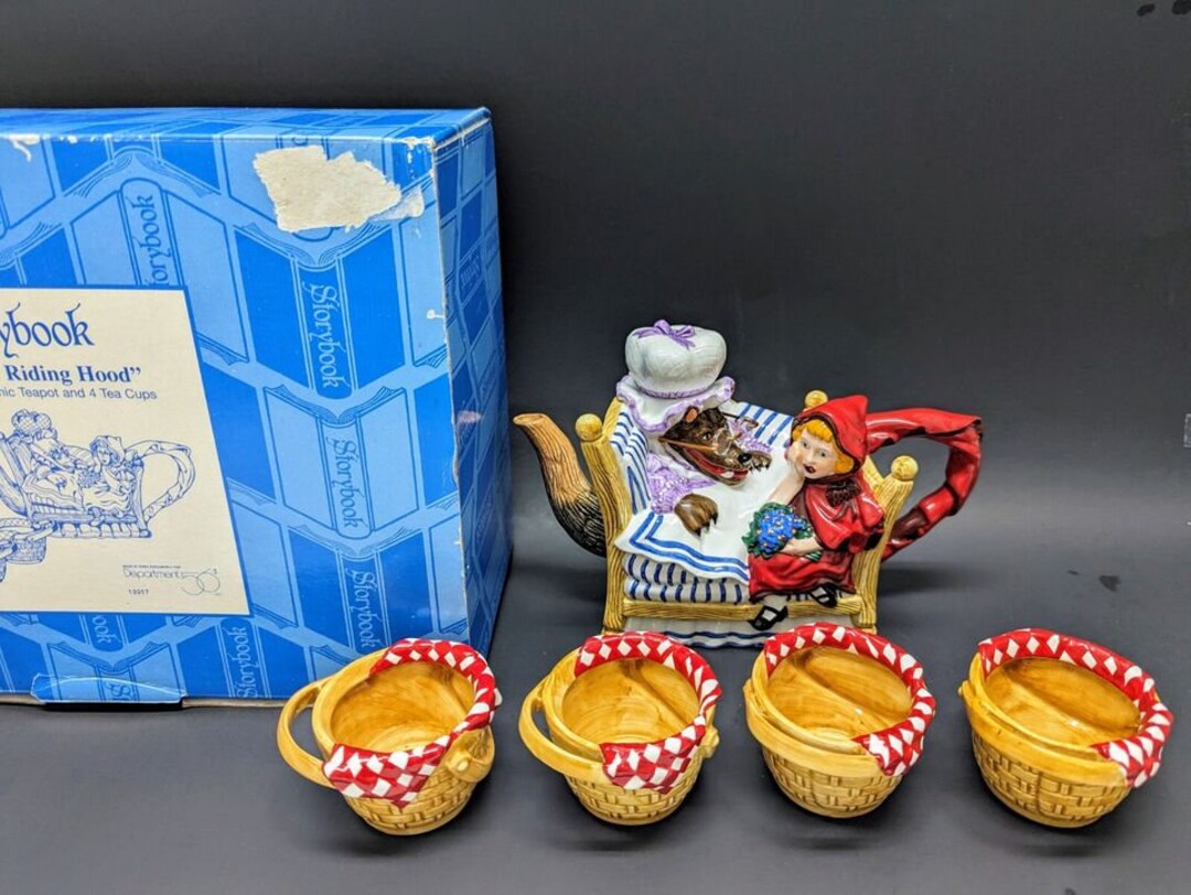 Vintage Department 56 Little Red Riding Hood Ceramic Teapot 4 Tea Cups ...