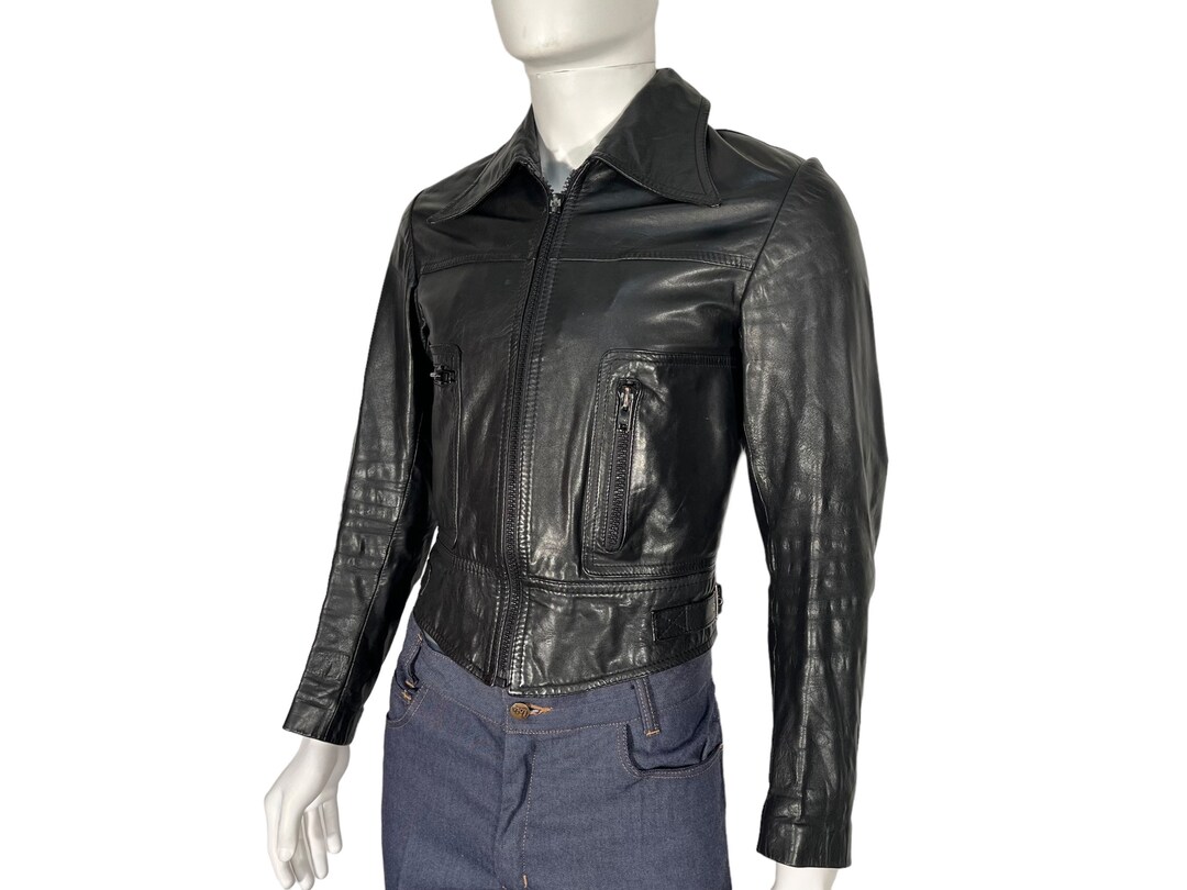 1970s Black Leather Zipper Jacket With Big Dagger Collars / Vintage 70s ...