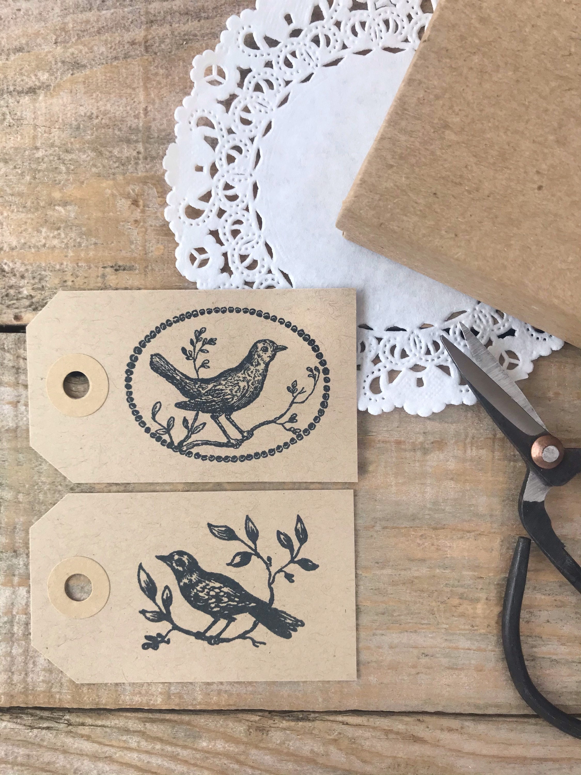Hand Stamped Bird Tags set of 8 birds gifts tags kraft | Etsy