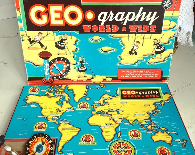 1958 Geo Graphy World Wide Game by Cadaco Ellis Vintage Map Geography ...