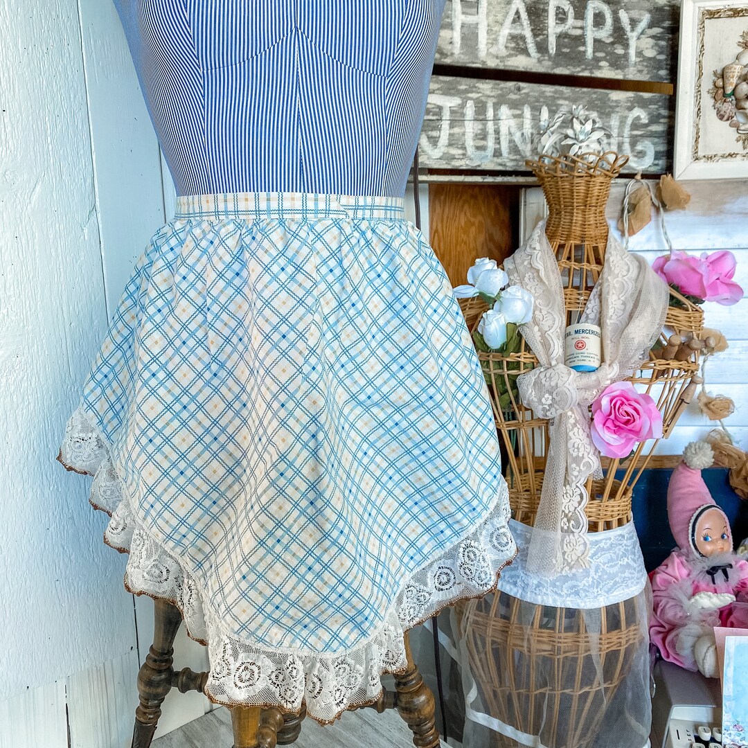 Vintage Cottage Plaid & Lace Apron Blue Half Circle Apron With ...