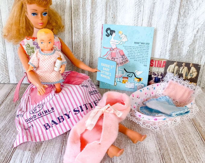 Vintage 1963 Barbie Babysits 953 Set Babysitter Apron Baby Doll Bottle ...