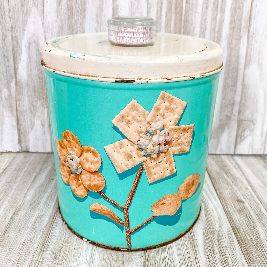 Vintage 1950s Blue Magic Krispy Kan Cracker Tin Teal Blue Mint Green Glass Knob Canister Enamel ...