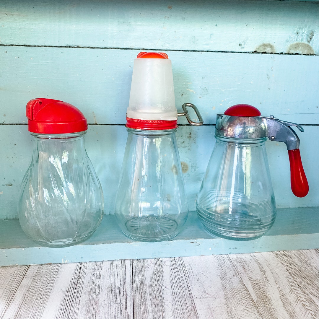 Vintage Set of 3 Syrup & Sugar Dispensers Nut Grinder Red Lid Retro ...