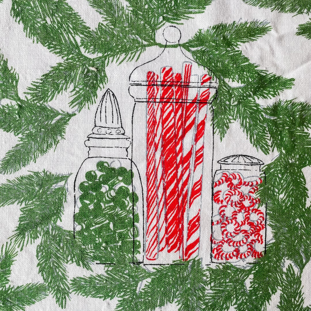Vintage Vera Neumann Christmas Tablecloth Round Candy Canes Pine Boughs ...