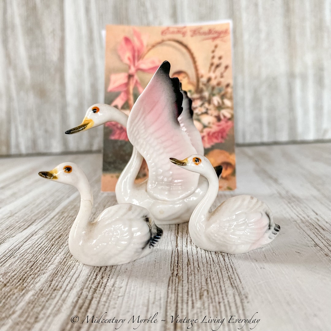 Vintage Miniature Swan Family Porcelain Swans Pink Black - Etsy