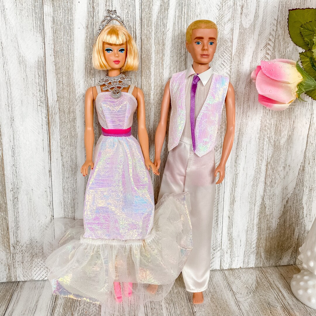 Vintage 1983 Crystal Barbie Dress 4598 and Crystal Ken 4898 Tux White Pink Iridescent Sparkly NO ...