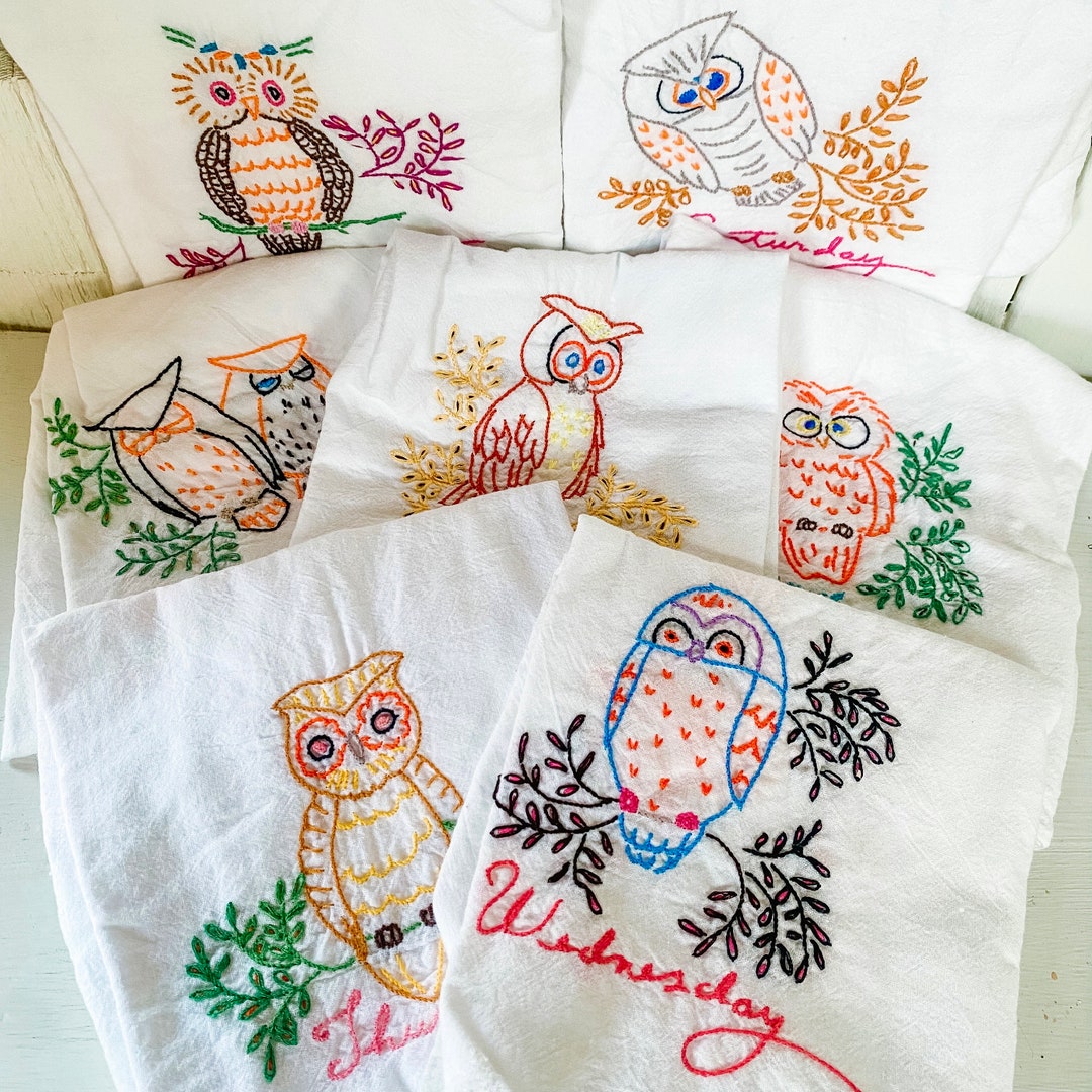 Vintage Owls Days of the Week Dish Towels Embroidered 7 Tea Towels ...