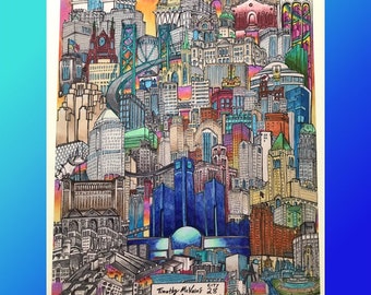 Detroit Michigan Cityscape Illustration Digital File - Etsy